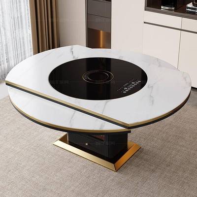 0A奢内多转功能BM32黑岩板餐桌椅组合家用伸轻缩圆形80CM暖菜嵌盘