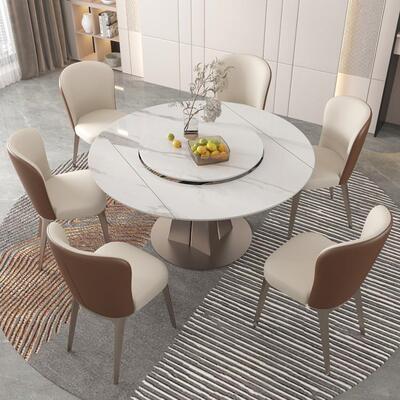 意板式极简岩圆盘桌折叠小户型伸缩内GKA嵌带转组合可变餐旋桌转