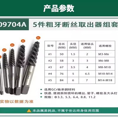 SATA世达工具 5件套粗牙断丝取出器  09704A
