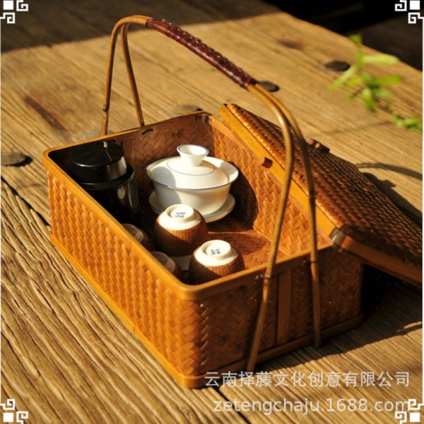 手工竹编藤席大漆方形双层食盒收纳盒茶叶包装云南特色手工艺品