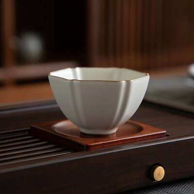 德化陶瓷单茶杯满110ml半哑光精工汝窑米黄色六方主人大容量品茗