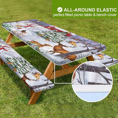 户外防风防尘桌布套 圣诞款野餐桌套连长椅套3件套 弹性贴