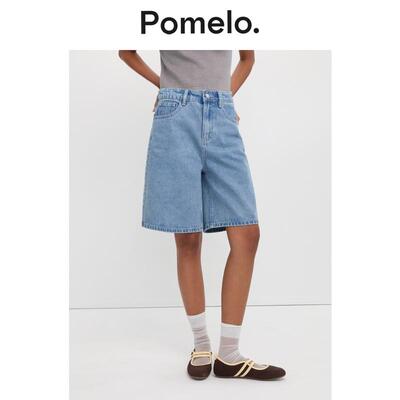 Pomelo 休闲宽松蓝色高腰刺绣牛仔短裤五分裤