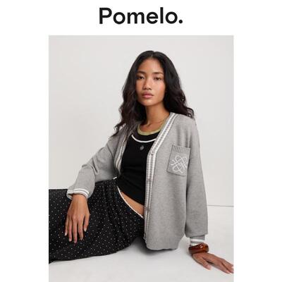 Pomelo 通勤风针织开衫撞色边刺绣V领宽松显瘦学院风毛衣外套秋冬