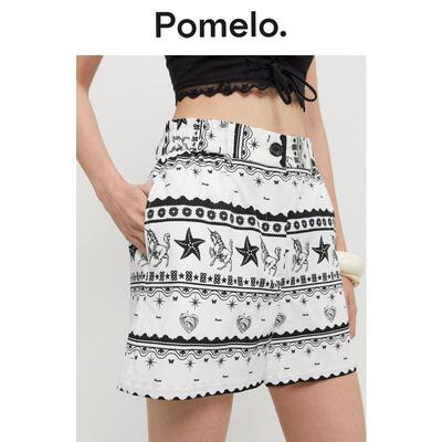 Pomelo 度假风黑白印花热裤女夏高腰显瘦宽松阔腿辣妹风休闲短裤