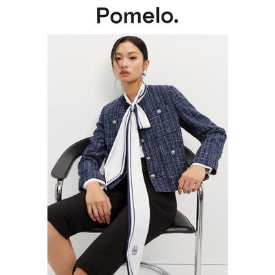 Pomelo 名媛风藏青色粗花呢外套粗花呢圆领小个子显瘦短款外套