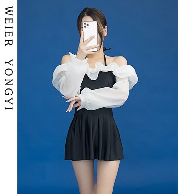 泳衣女高级感仙女范连体裙式长袖保守遮肚显瘦学生少女泡温泉泳装