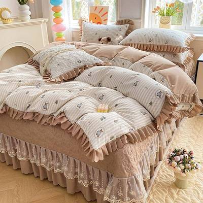 A针织双层纱夹棉加边厚床盖四主件套公风被套蕾丝KSA8TdyM花床类