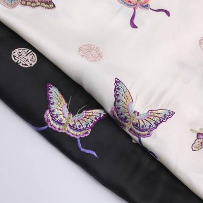仿酸麻真缎面刺绣面料国丝风蝴蝶绣E14800醋布花料