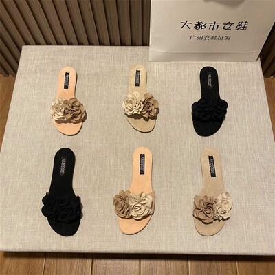 花朵平底绒面绝美凉拖鞋仙女鞋夏季外穿时尚平底一字拖20.24款凉
