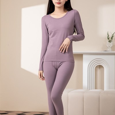 保暖内衣女生纯棉打底秋衣秋裤学生秋冬薄款线衣线裤紫色圆领套装