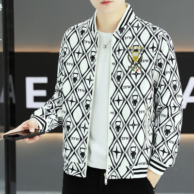 春秋季个性花纹外套男满印刺绣夹克潮流韩版花哨拼色褂子彩色上衣