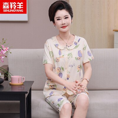 中老年妈妈夏季睡衣女纯棉短袖七分裤开衫圆领薄款大码家居服套装