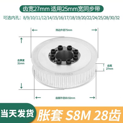 免键同步轮S8M28齿宽27内孔8 10 12141K516胀紧套伺服电机同步带