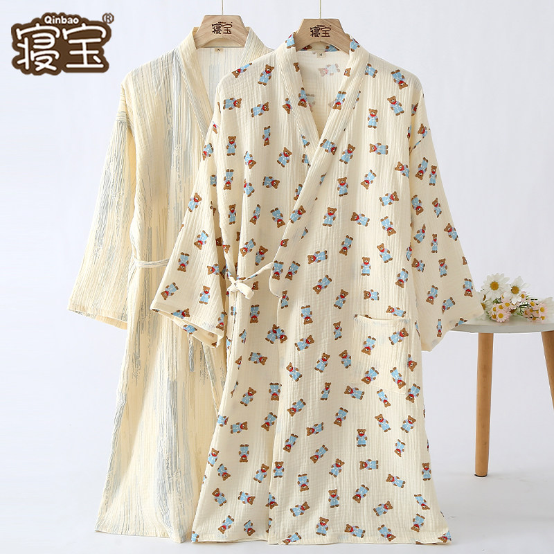 纯棉纱布日式和服睡袍女春秋夏长袖薄睡衣孕妇浴袍全棉汗蒸服睡裙