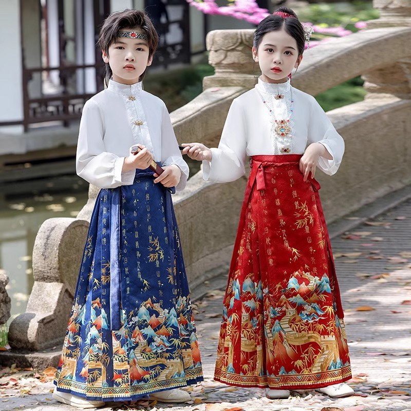 春秋长袖儿6童马面裙套装中国风男7童国学汉服朗诵演出服女8童唐9