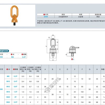 万向旋转吊环DHW-M8-03T/M10-0.4T/M12-0.6/M16-1.3T/M20-2T/M24