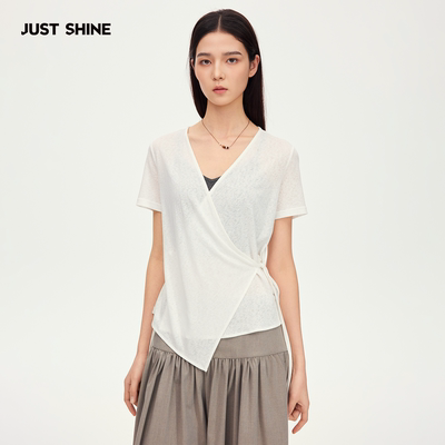 JUST SHINE/时晒绑带V领T恤新中式斜襟收腰不规则短袖松弛感上衣