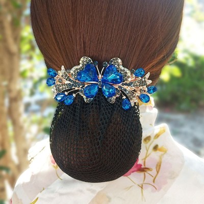 夹子头饰顶夹妈妈水钻合金发卡后脑勺弹簧夹发夹饰品女头花带网兜