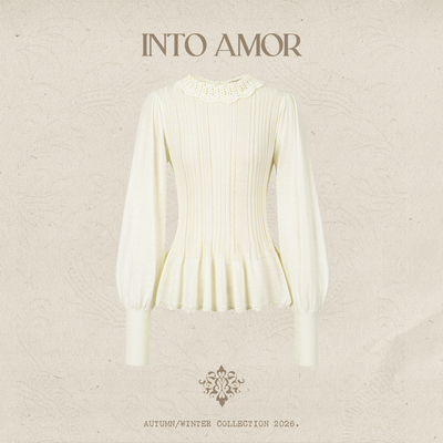 INTO AMOR秋冬女手钩花边领收腰微喇下摆灯笼长袖针织上衣