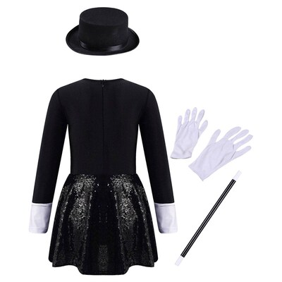 Teen Magician Cotume Set Long Sleeve Bow Tie Sequin Leotard
