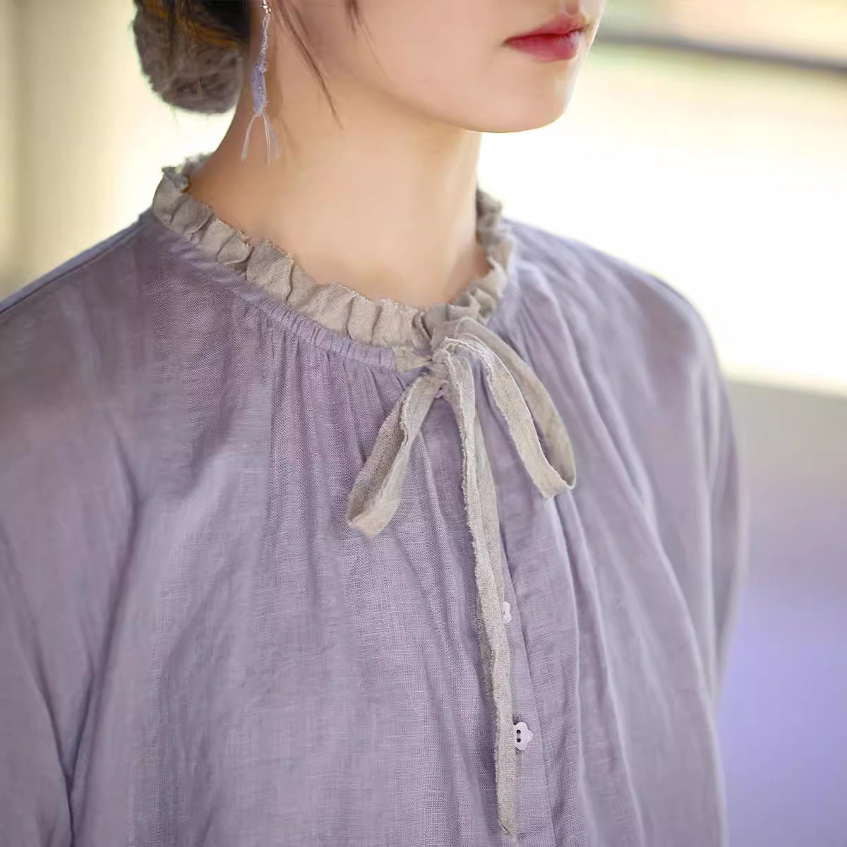 文艺女装大码森系上衣女复古褶皱娃娃衫日系棉麻系绳长袖衬衫2026