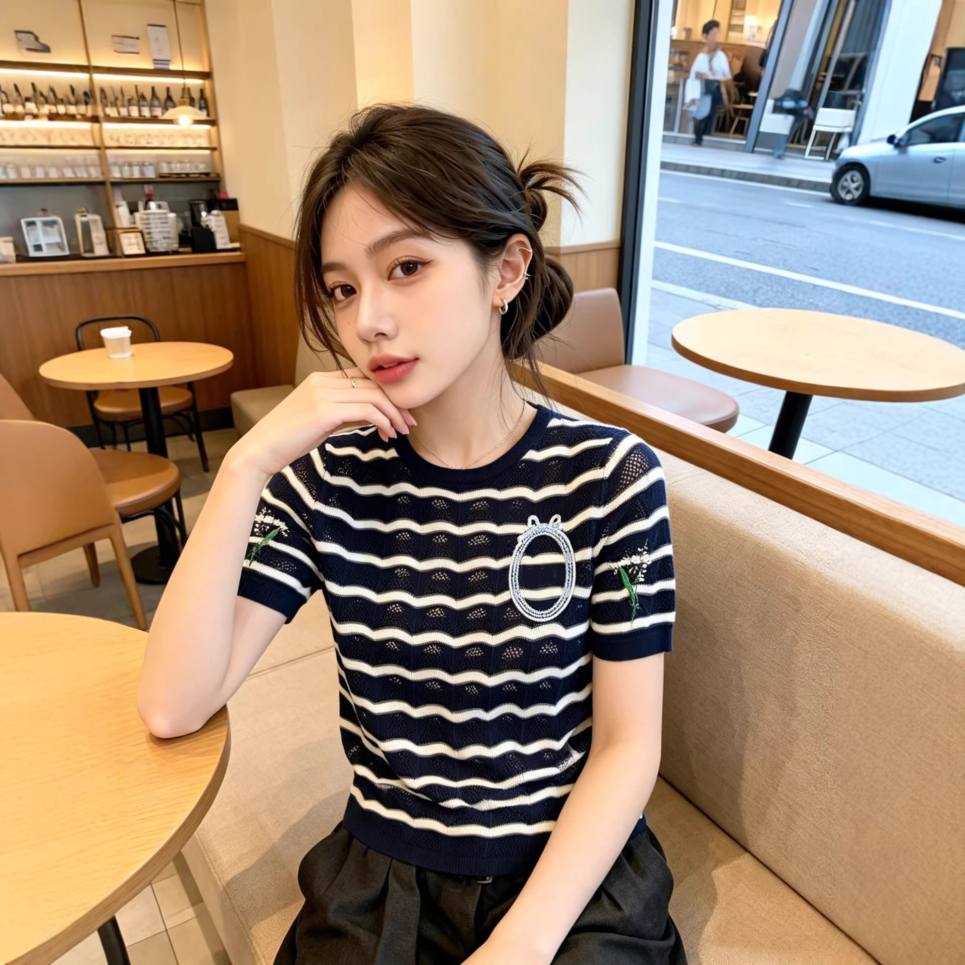 D+26年夏季镂空撞色条纹字母刺绣薄短袖针织衫女针织衫女夏薄款