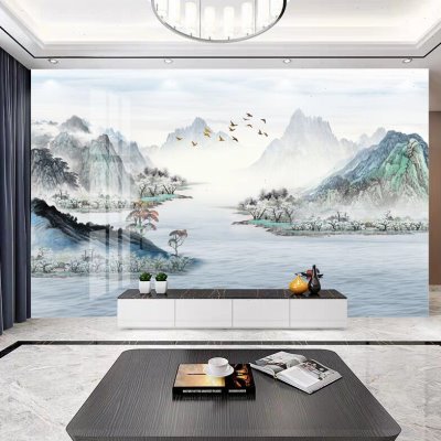 新中式水墨山水竹木纤维集成板意境电视背景墙扣板客厅沙发护墙板