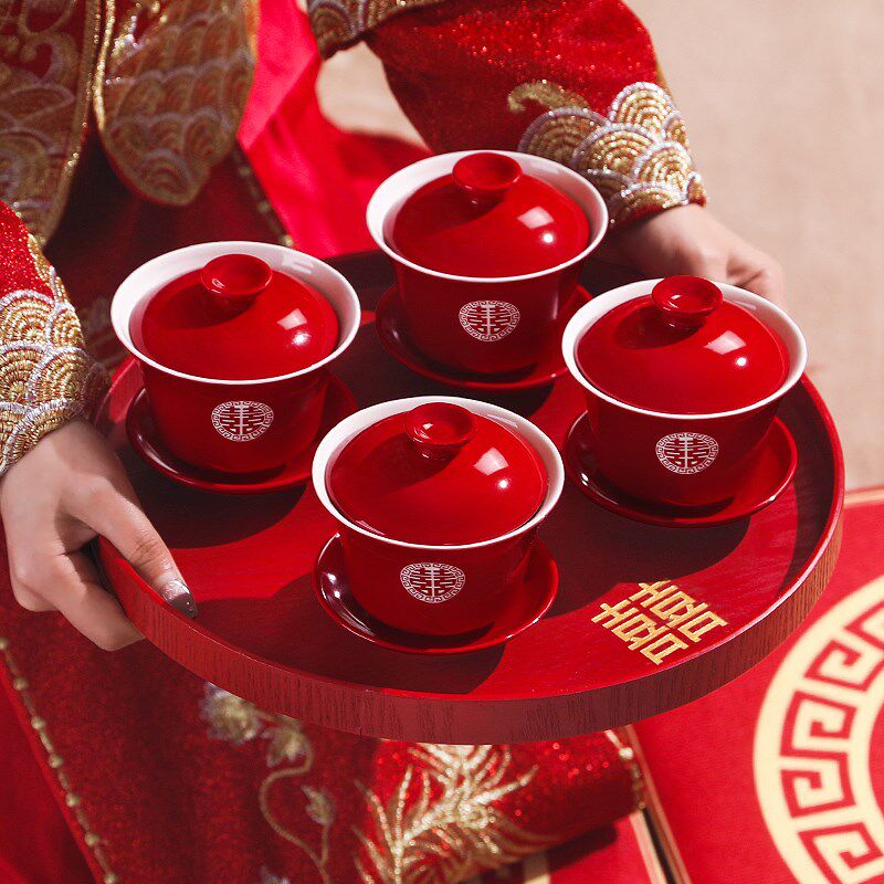 结婚改口敬茶杯红色喜碗敬酒杯子婚礼茶具婚庆陪嫁盖碗筷套装用品
