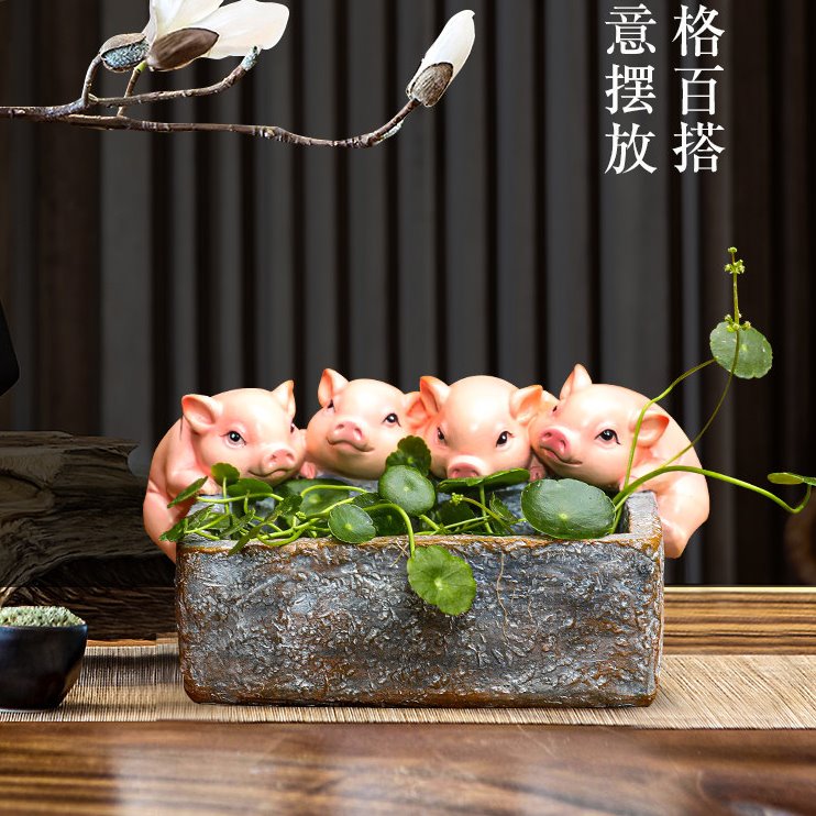 北欧复古创意可爱小猪水培花盆办公室桌面摆件多肉水养器皿装饰品