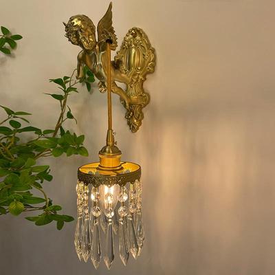 法式全铜天使壁灯中古客厅卧室书房过道墙灯美式复古轻奢水晶灯具