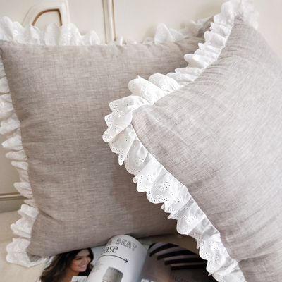 水洗亚麻蕾丝花边枕套靠垫套不含芯床上靠背65x65 48x74cm单人枕
