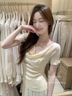 AS OFFICIAL 夏季韩版温柔风修身不规则荡领蝴蝶短袖针织衫