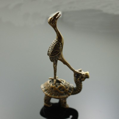 黄铜实心龟骑鹤黄铜鹤占鳌头办公室桌面小摆件茶宠鹤踩龟手把件