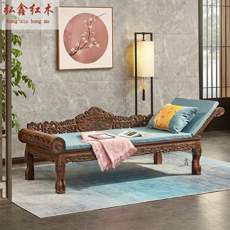红木家具鸡翅木贵妃榻午休椅单人床罗汉床 中式实木仿古躺椅休闲