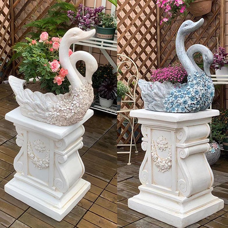 天鹅花盆罗马柱摆件欧式花园庭院绿植底座别墅门口玄关落地装饰品