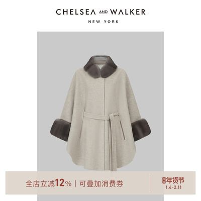 Chelsea and Walker 100%双面羊毛斗篷大衣新年战袍水貂皮草外套