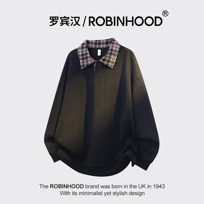 罗宾汉/ROBINHOOD高级感拼色领休闲卫衣秋冬提花时尚百搭潮流上衣