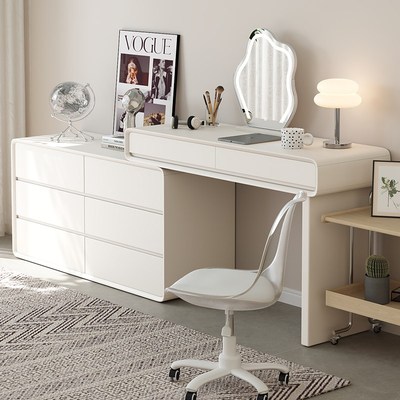 三梦斗柜梳妆台一体奶油主卧实木收纳F柜床尾伸缩化妆桌简约抽屉