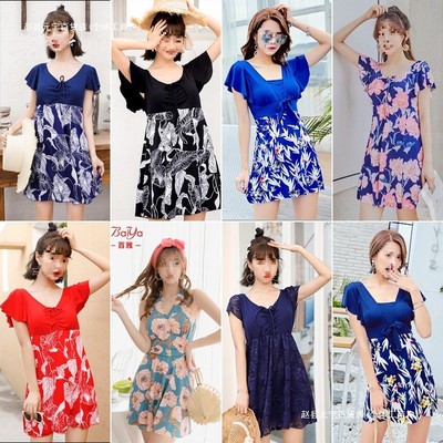 大码泳装中年妈妈胖连体平角裙式遮肚女式游泳衣泡温泉现货