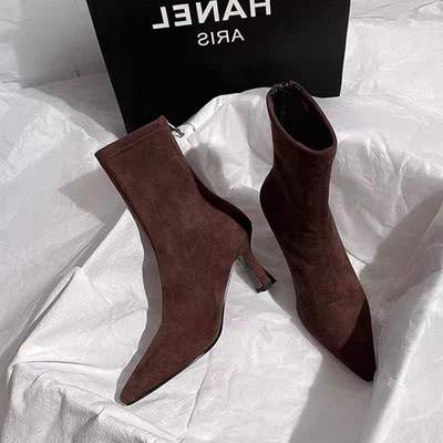 棕色短靴女高跟鞋2025年秋冬新款百搭法式弹力绒面尖头小众瘦瘦靴