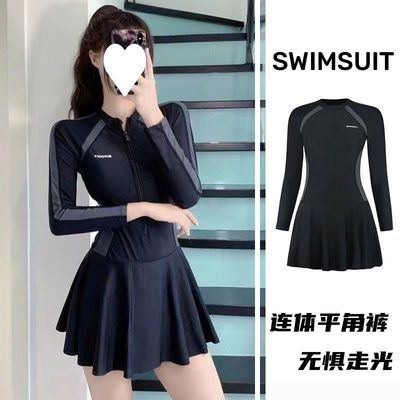 新款女裙式连体小清新女士游泳衣保守显瘦长袖款学生泡温泉游泳装