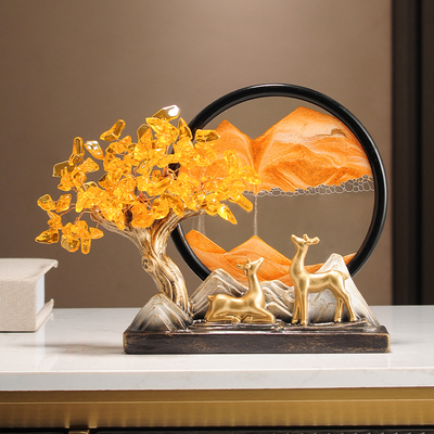 黄水晶发财树福鹿流沙画摆件客厅玄关装饰办公室乔迁开业礼物招财