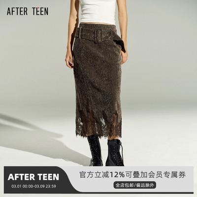 AFTER TEEN低腰节 宽腰带 蕾丝拼接慕斯灯芯绒半裙 中长款半身裙