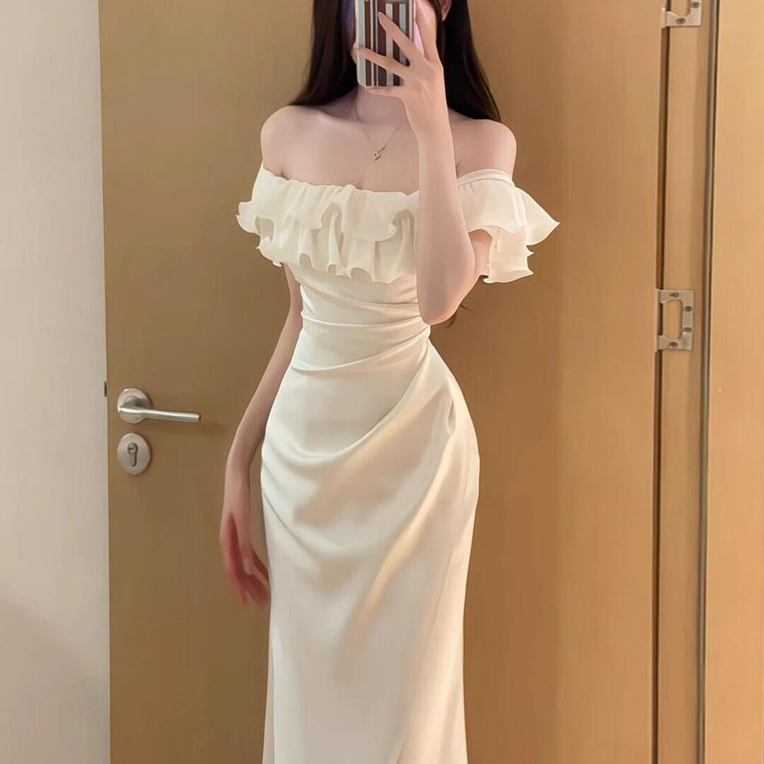 高端法式气质名媛荷叶边一字肩洋装绝美掐腰包臀宴会礼服裙26夏