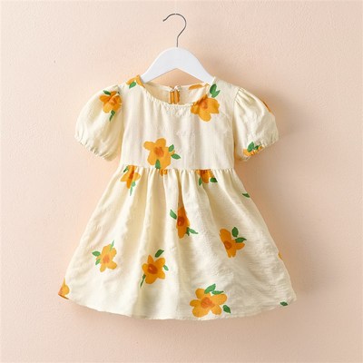女童夏季洋装2023新款韩版橘花朵中小童洋派小清新公主连身裙潮