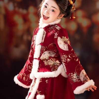 女童冬季加厚贺岁服儿童贺岁服女婴古风表演服超级仙红汉代