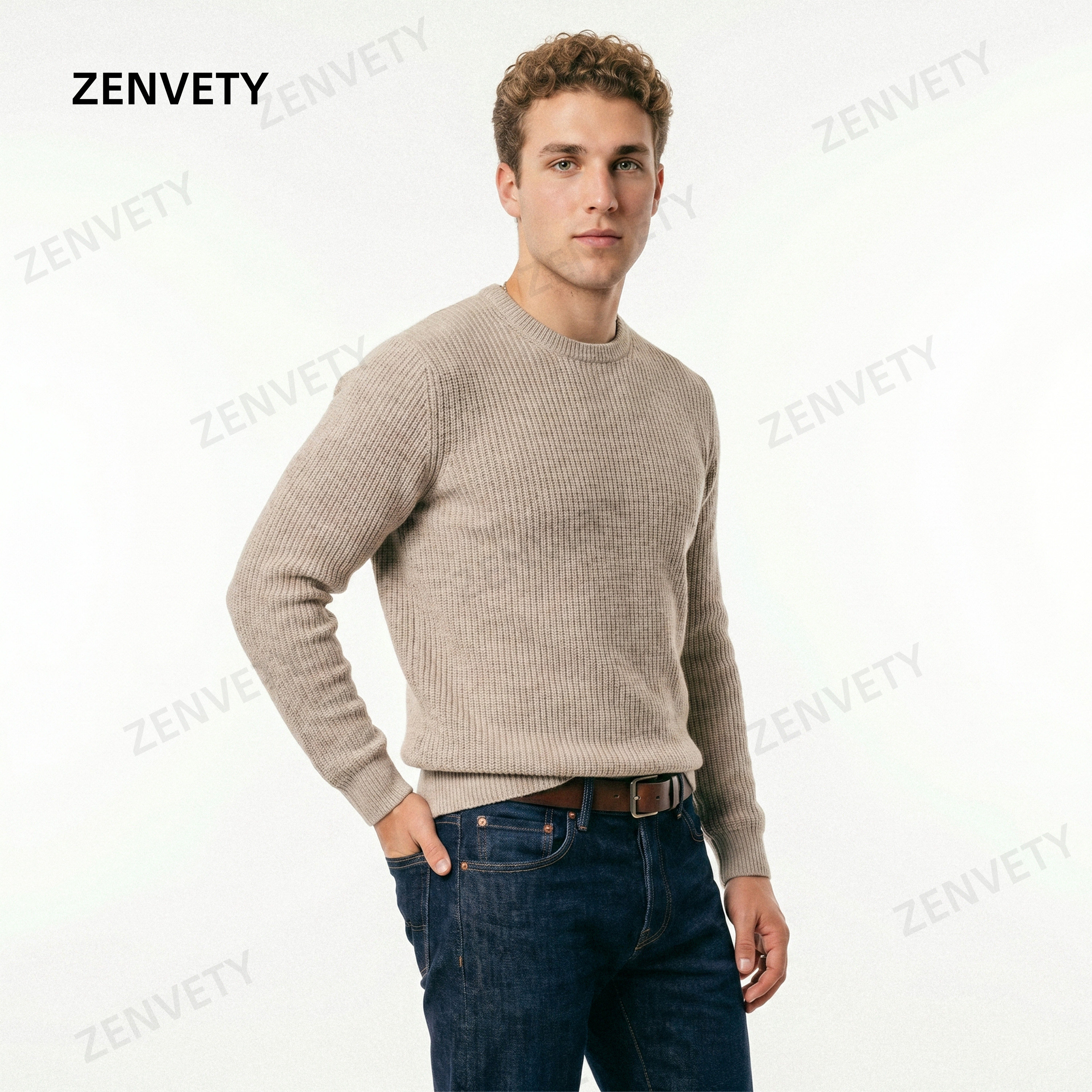 ZENVETY男士羊毛羊绒混纺圆领厚款针织衫康赛妮经典款秋冬毛衣