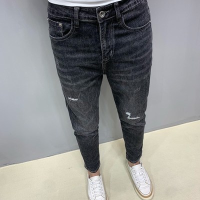 牛仔裤男2024夏季新款黑灰色修身破洞老爹裤设计感潮流男款九分裤