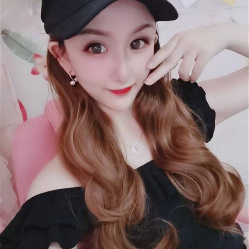 自然黑色深浅棕色棒球鸭舌帽子假发女网红长卷发直发大波浪一体毛